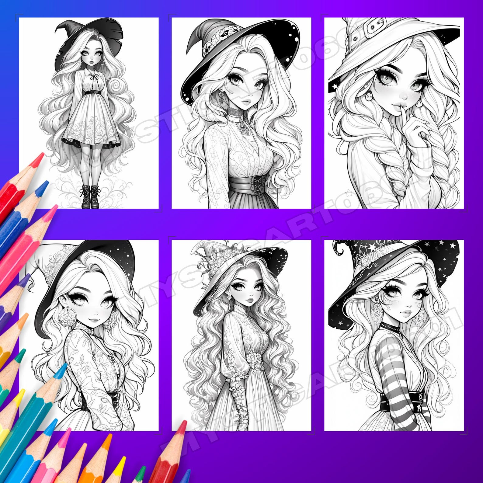 Witch Girl Coloring Book – 30 Grayscale Pages (printable PDF) - Etsy