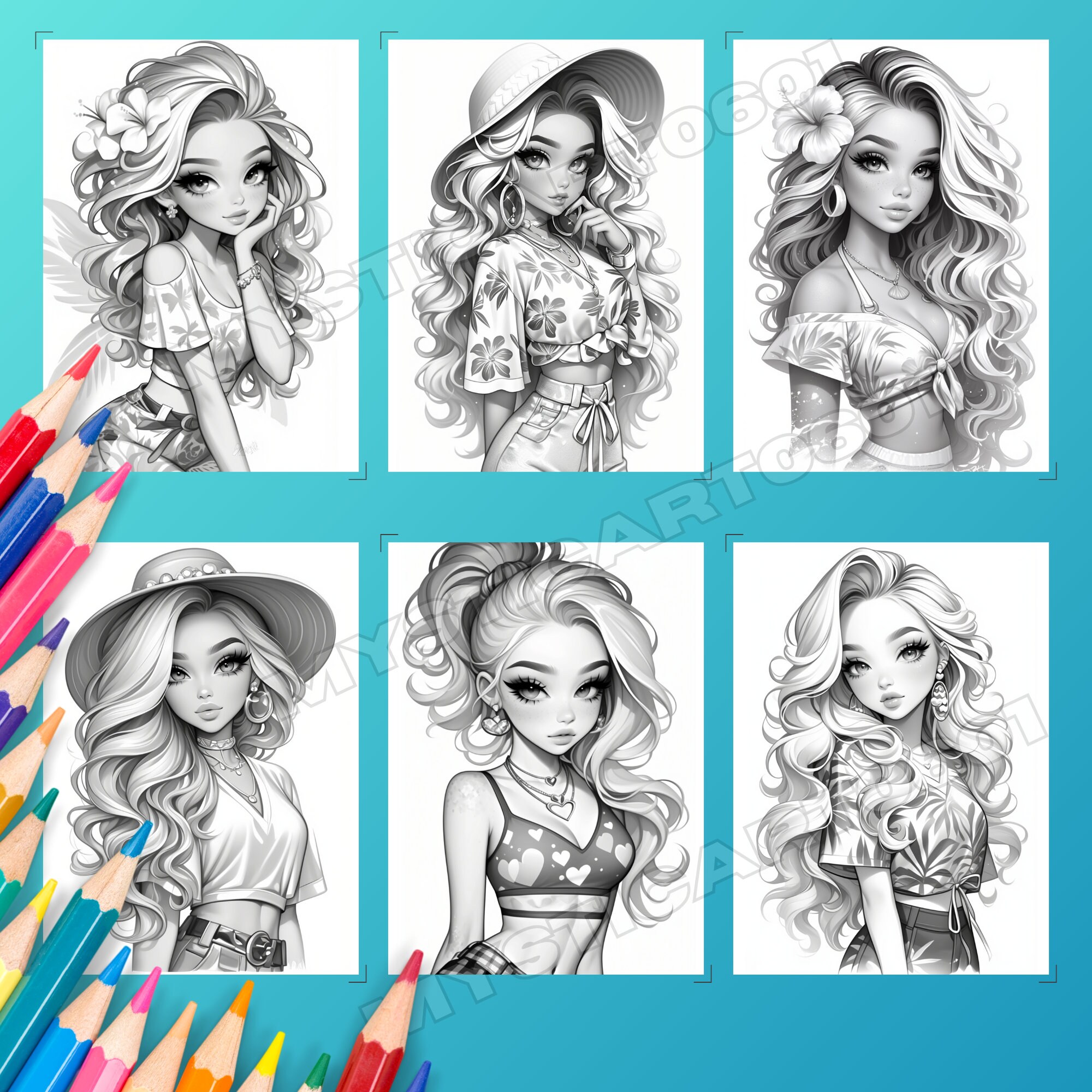 Cute Summer Fashion Girl Coloring Book 30 Page Grayscale Coloring Book ...