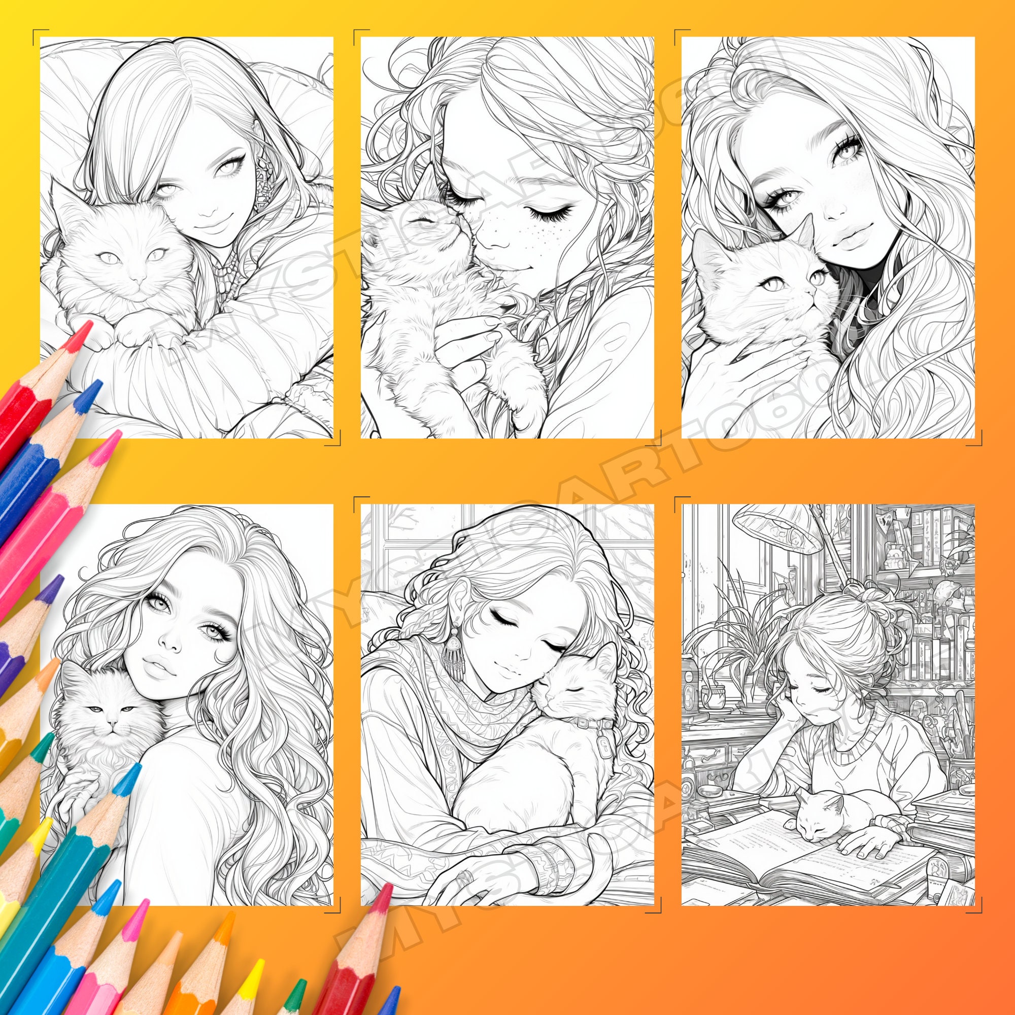 Beautiful Girl and Her Cat Coloring Book, 30 Pages Featuring a ...