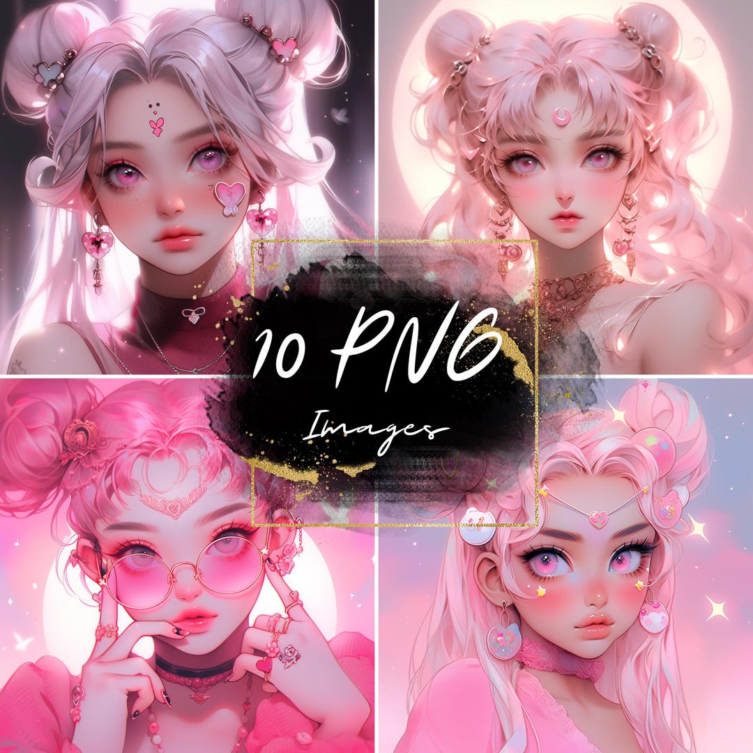 Pink Anime Girl Part 2. Digital Art Pack 10 PNG Images for Creative ...
