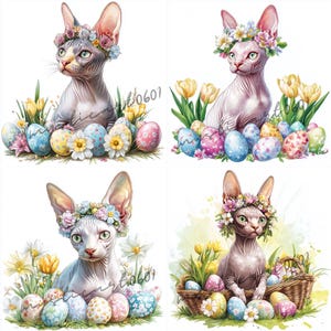 Watercolor Easter Sphynx Cat Clipart – 10 Cute Easter Cat Illustrations ...