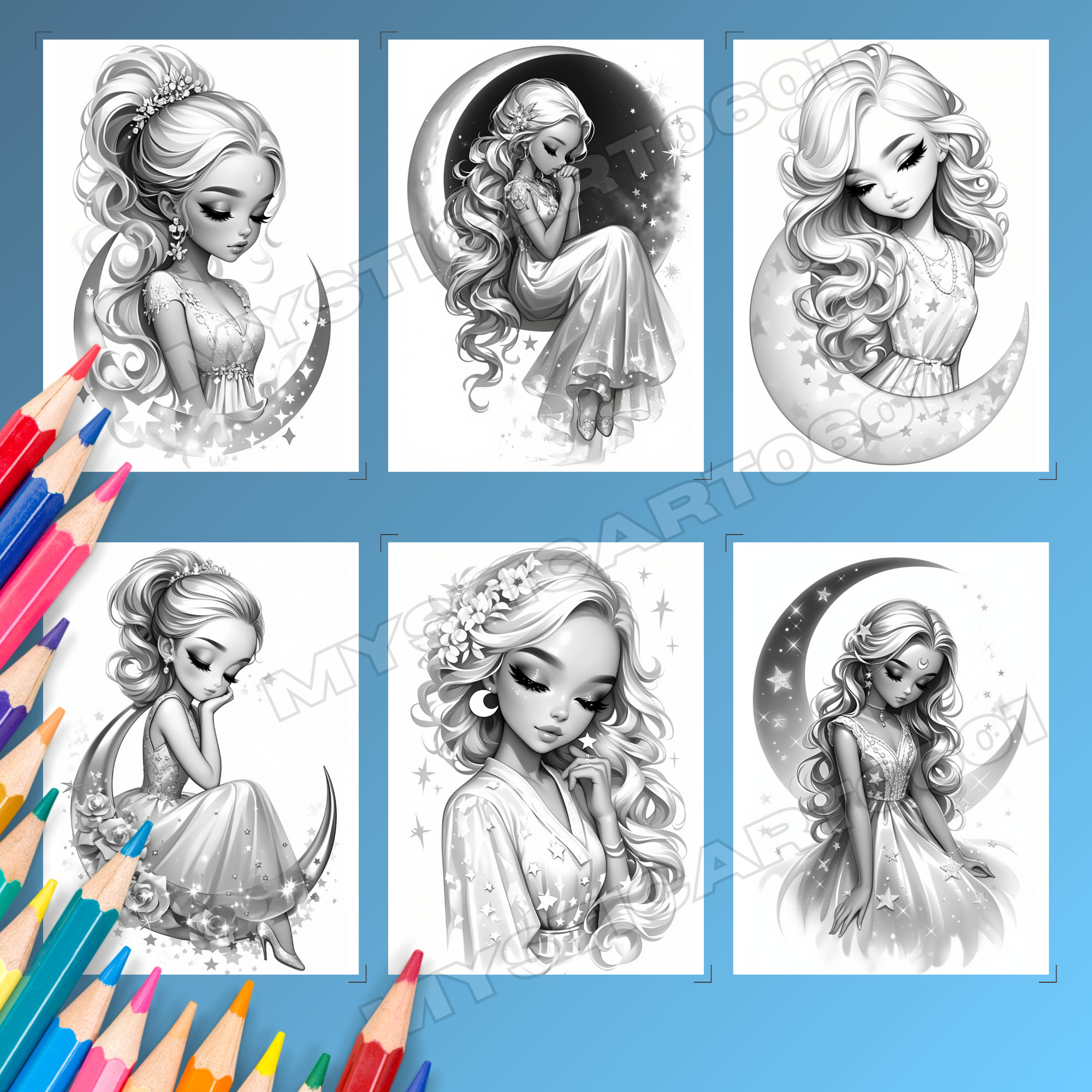 Cute Moon Girl Coloring Book 30 Page Grayscale Coloring Book for Kids ...