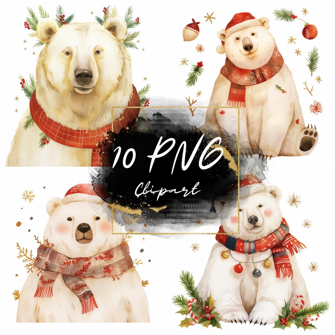Watercolor Christmas Polar Bear Clipart,cute Polar Bear With Festive ...
