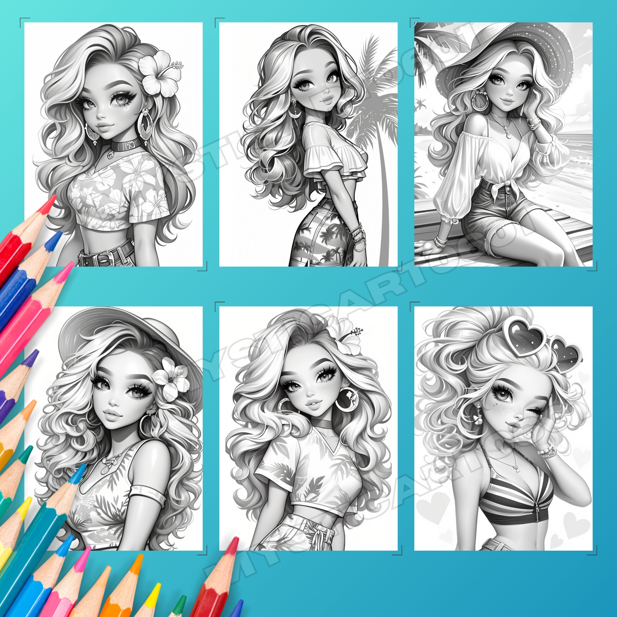 Cute Summer Fashion Girl Coloring Book 30 Page Grayscale Coloring Book ...