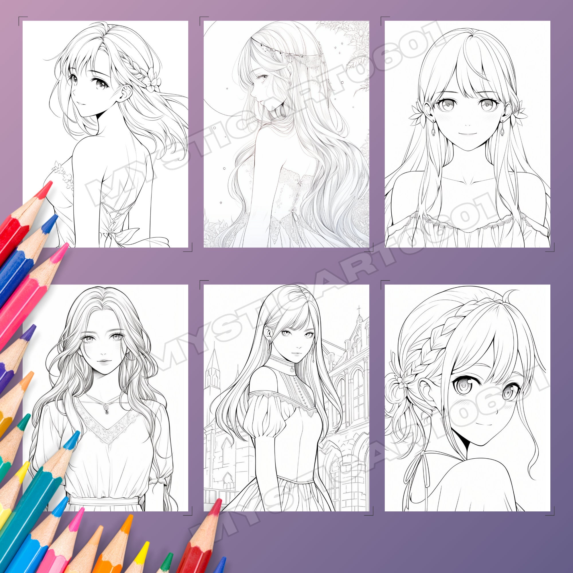 Beautiful Elegant Anime Girls Coloring Book, 30 Page Fantasy Anime Girl ...