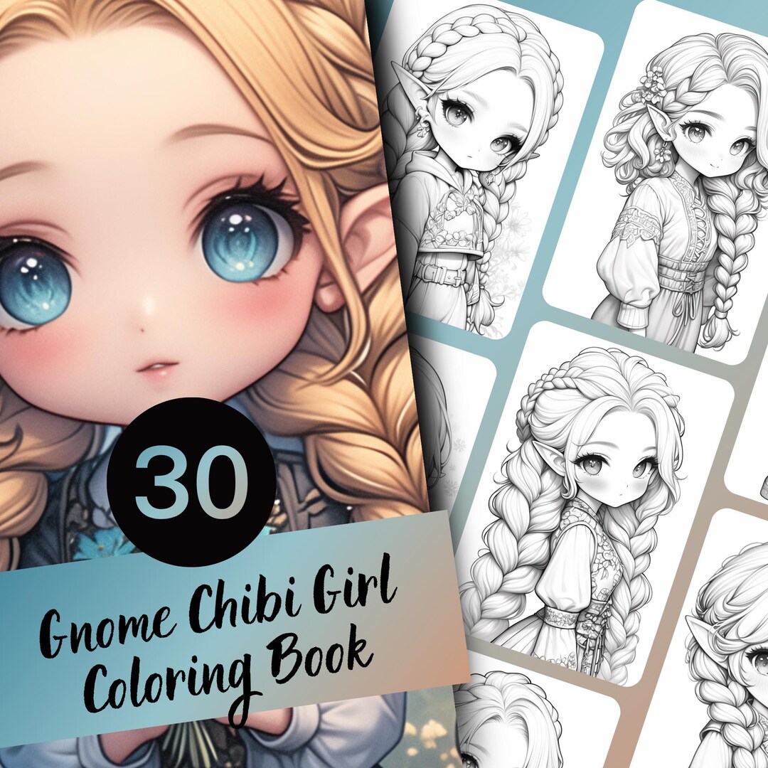 Gnome Chibi Girl Coloring Book - 30 Page Grayscale Coloring Book for ...
