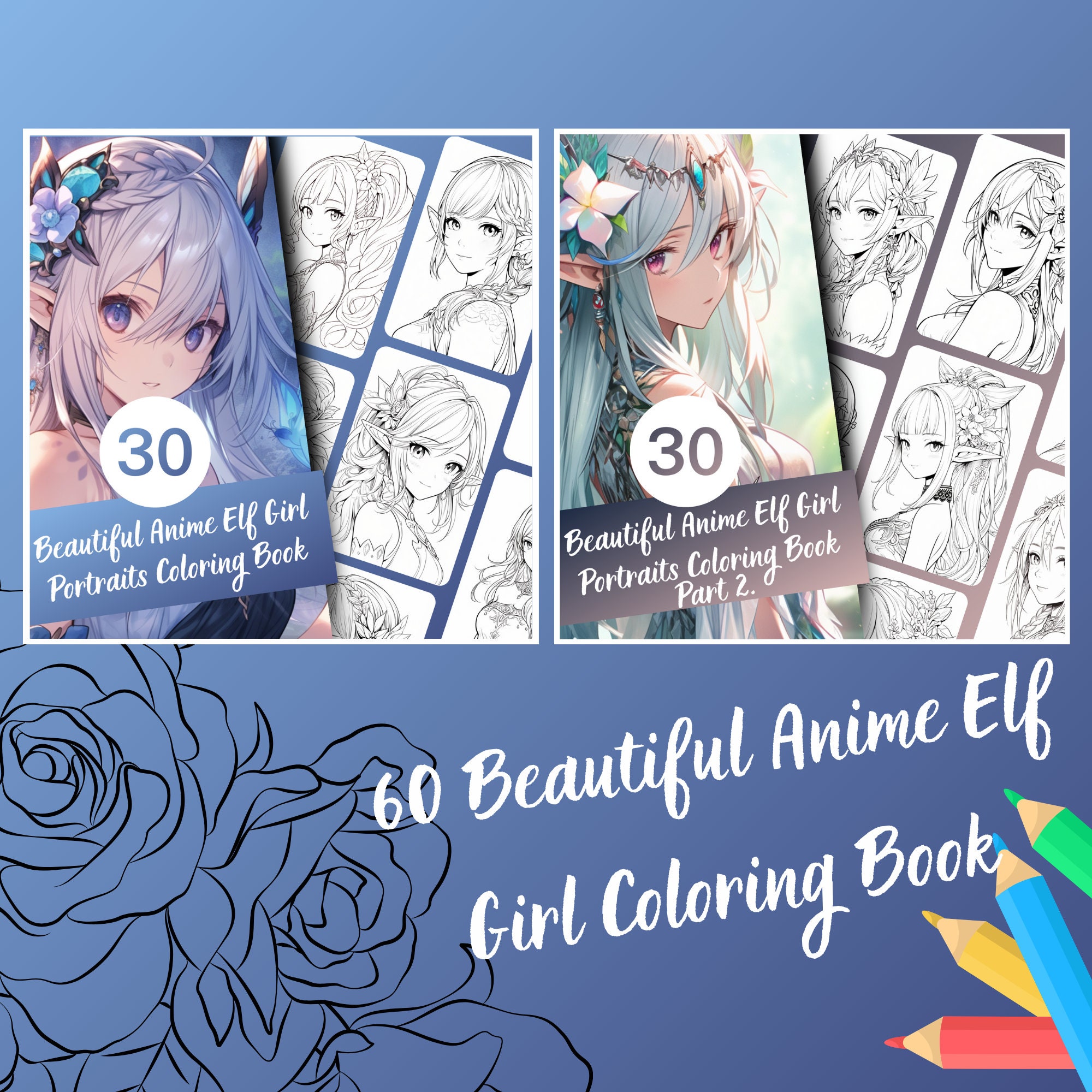 Beautiful Anime Elf Girl Portraits Collection Coloring Book, 30 Page ...