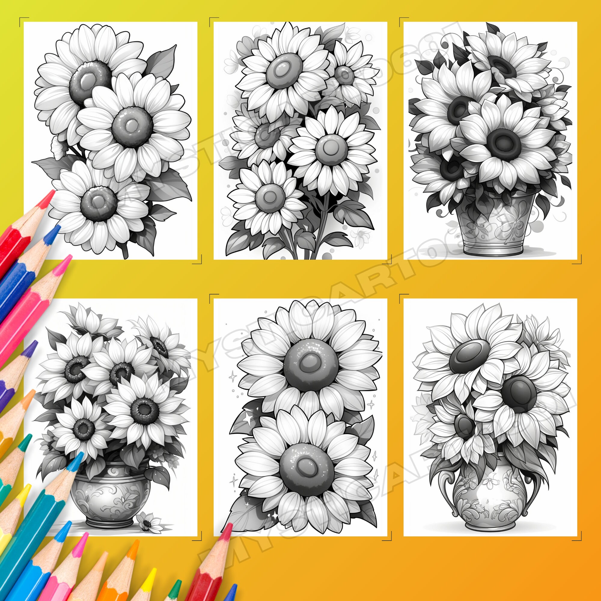 Sunflower Grayscale Coloring Book - 30 Page Floral Art (printable PDF ...