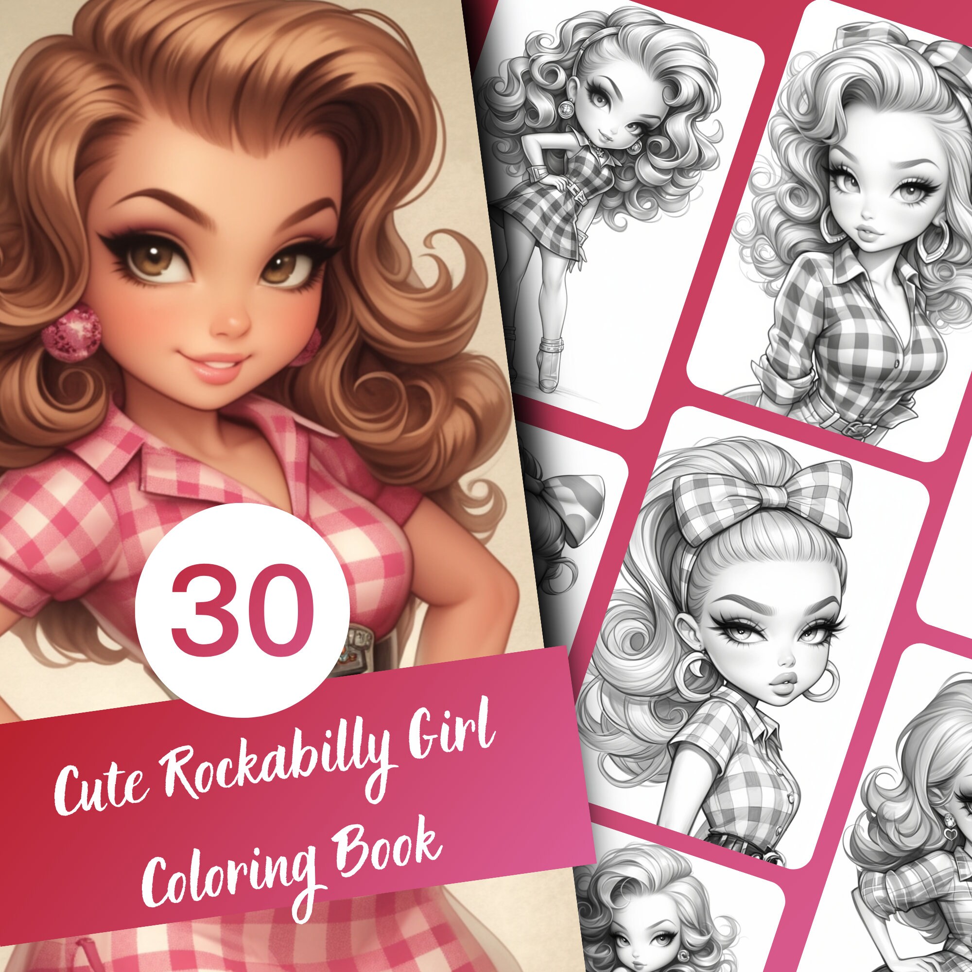 Cute Rockabilly Girl Coloring Book 30 Page Grayscale Coloring Book for ...