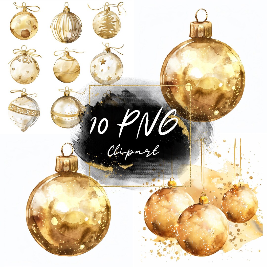 Gold Watercolor Christmas Baubles Clipart, Elegant Festive Decorations ...