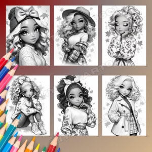 Cute Autumn Fashion Girl Part 2. Coloring Book 30 Page Grayscale ...