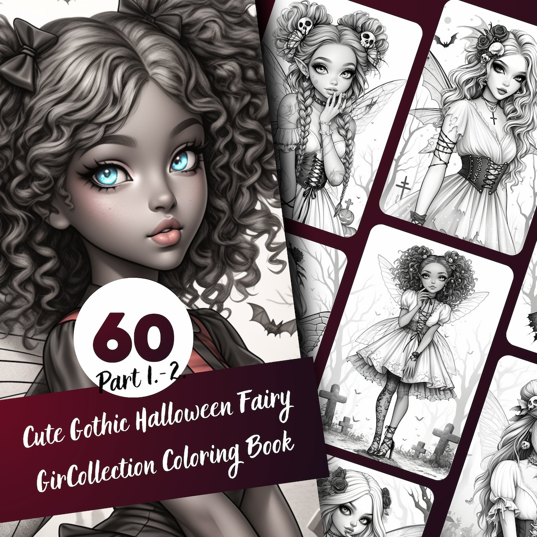 Cute Gothic Halloween Fairy Girl Collection Coloring Book - 60 Page ...