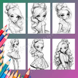 Cute Bow Girl Collection Coloring Book - 60 Page Grayscale Coloring ...