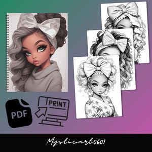 Cute Bow Girl Part 2. Coloring Book - 30 Page Grayscale Coloring Book ...