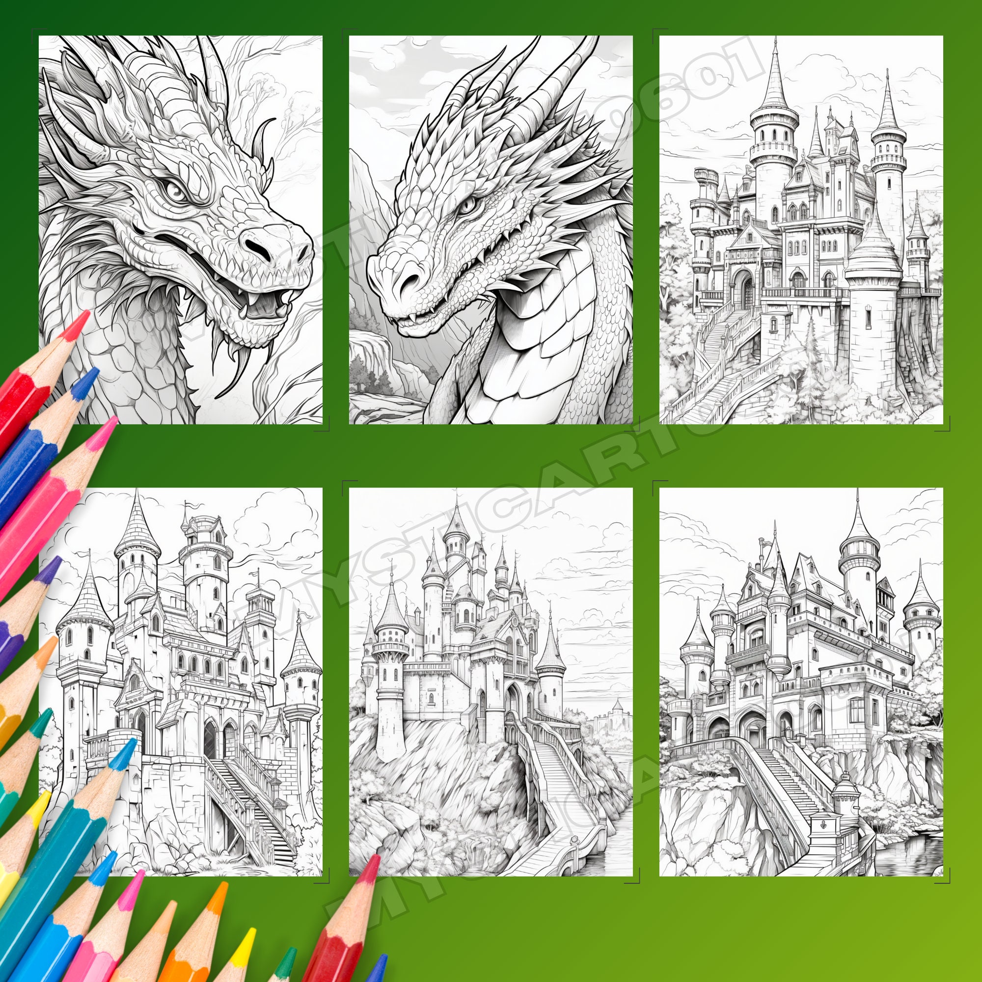 Dragon Guarding the Castle Coloring Book, 30 Pages of Dragons and ...