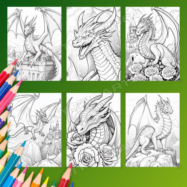 Dragon Romantasy Grayscale Coloring Pages for Adults, Printable Fantasy ...
