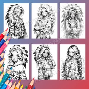 Cute Native American Girl Coloring Book - 30 Page Grayscale Coloring ...
