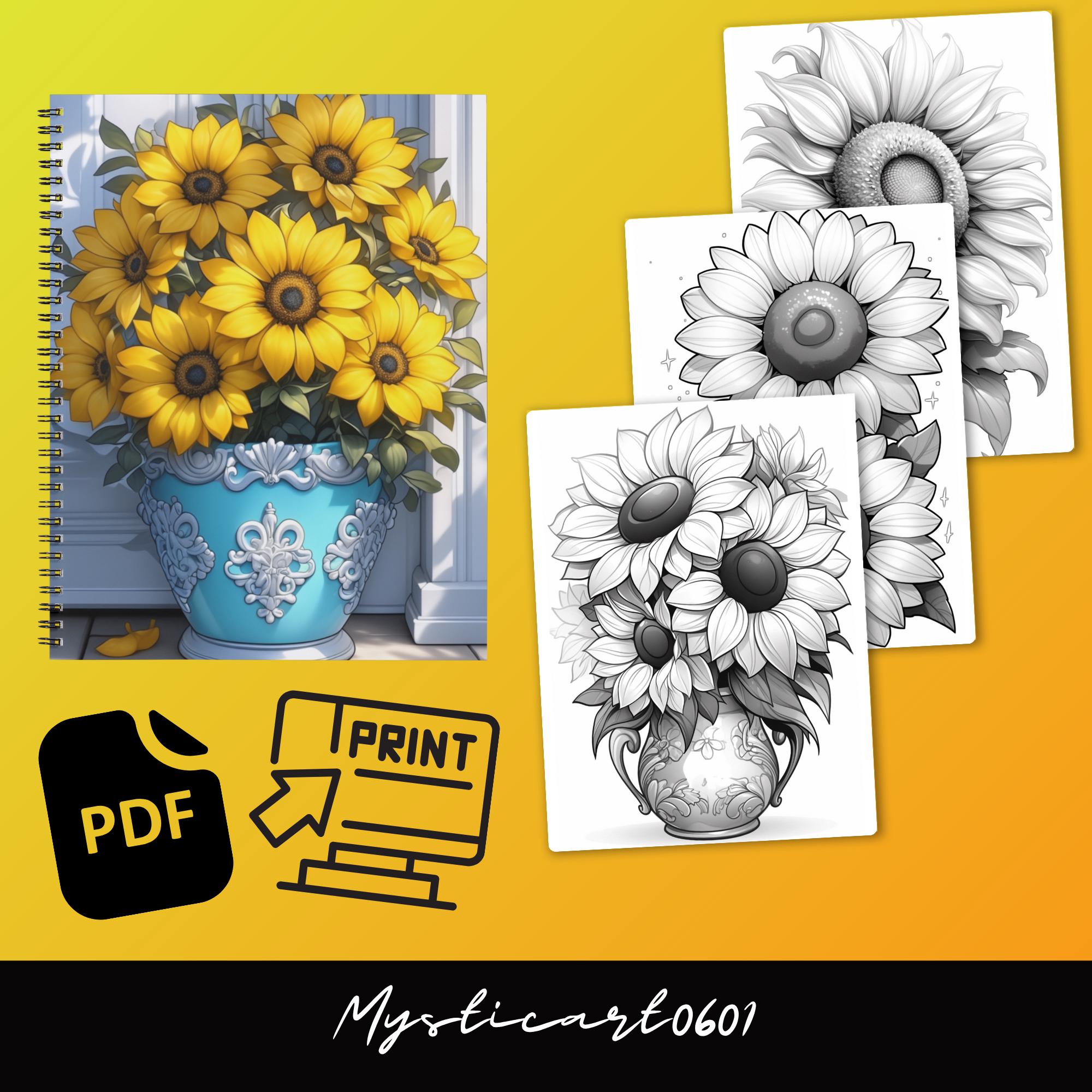 Sunflower Grayscale Coloring Book - 30 Page Floral Art (printable PDF ...