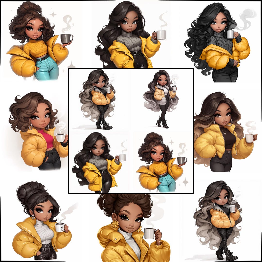 Cute Yellow Jacket Girl Clipart – Cozy Coffee Illustrations, Winter ...