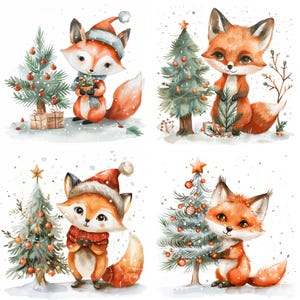 Watercolor Christmas Fox Clipart, Cute Fox With Christmas Tree, Holiday ...