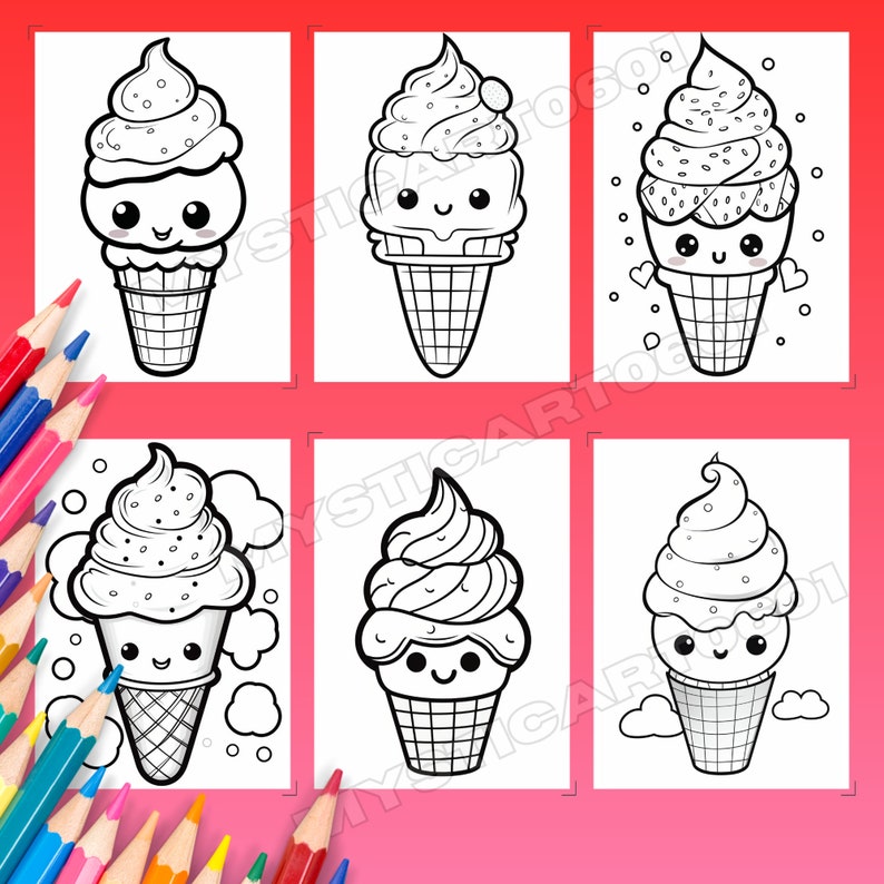 Cute Kawaii Ice Cream Coloring Book, 30 Page Coloring Book Featuring ...