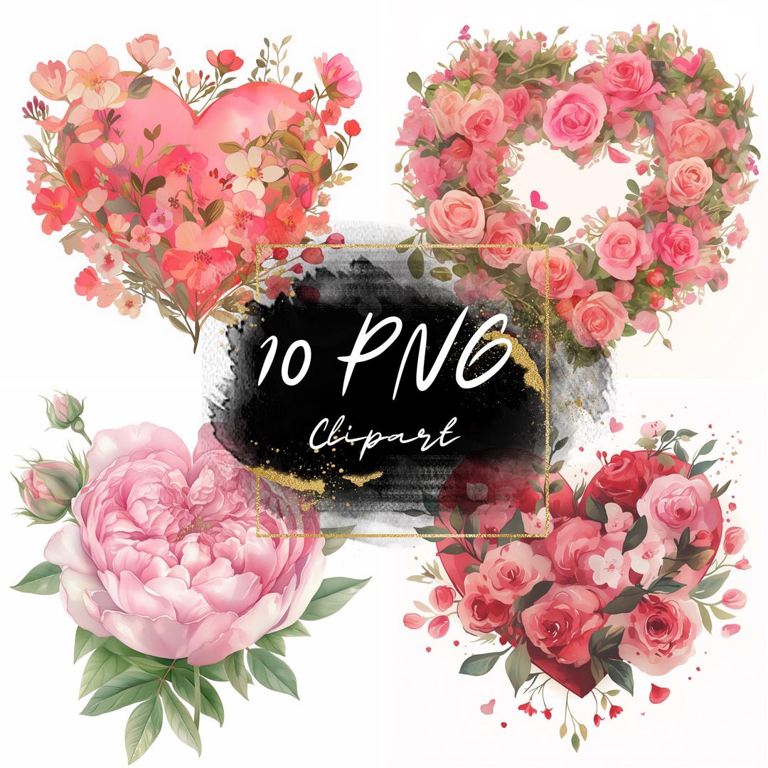 Watercolor Heart Flower Clipart – 10 Romantic Heart Illustrations ...