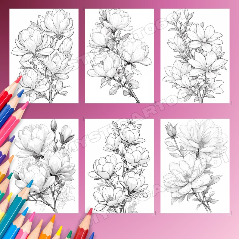 Magnolia Flowers Coloring Book – 60 Page Grayscale Illustrations ...