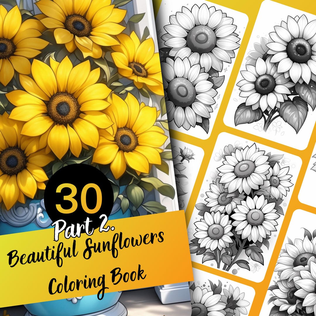 Sunflower Grayscale Coloring Book - 30 Page Floral Art (printable PDF ...