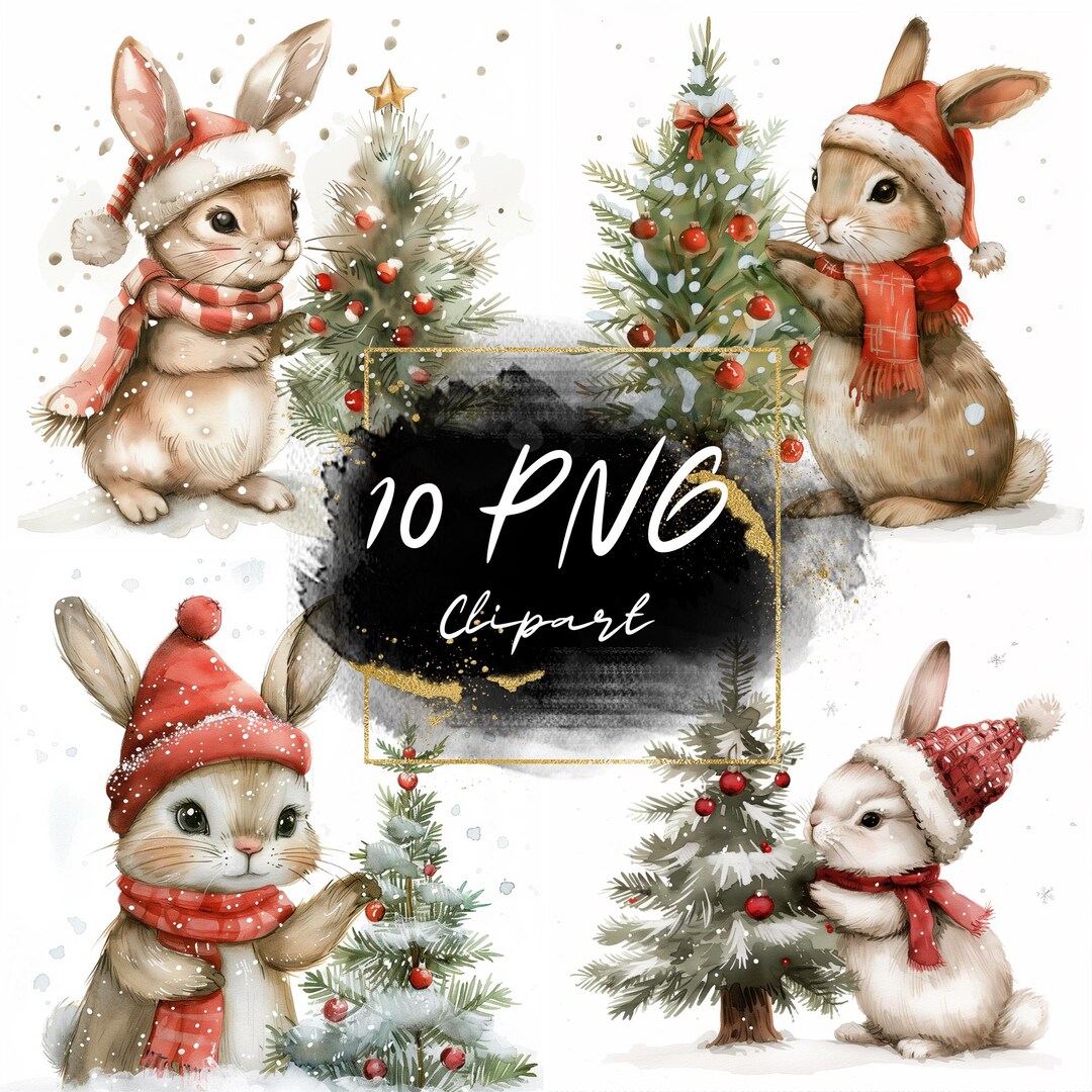 Watercolor Christmas Bunny Clipart,cute Bunny With Christmas Tree ...