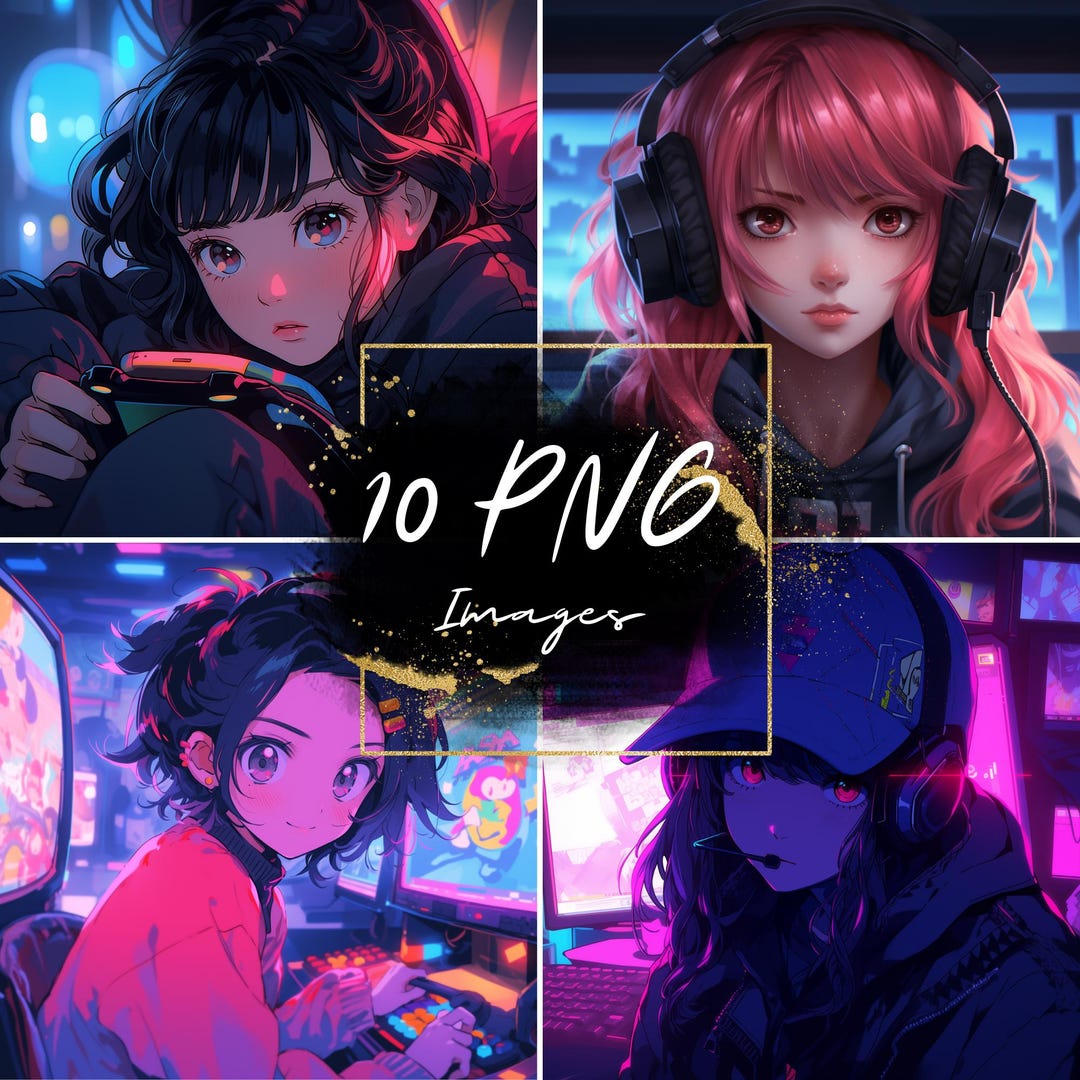 Anime Gamer Girl Digital Art Pack - 10 PNG Images for Creative Projects ...