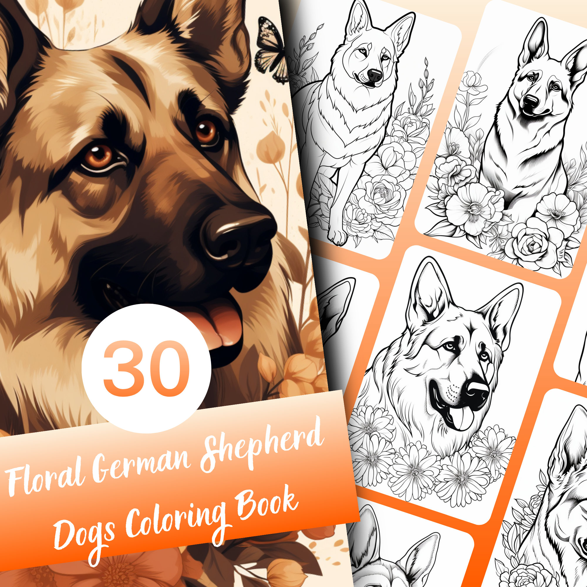 Floral German Shepherd Dogs Coloring Book, 30 Pages Featuring Beautiful ...