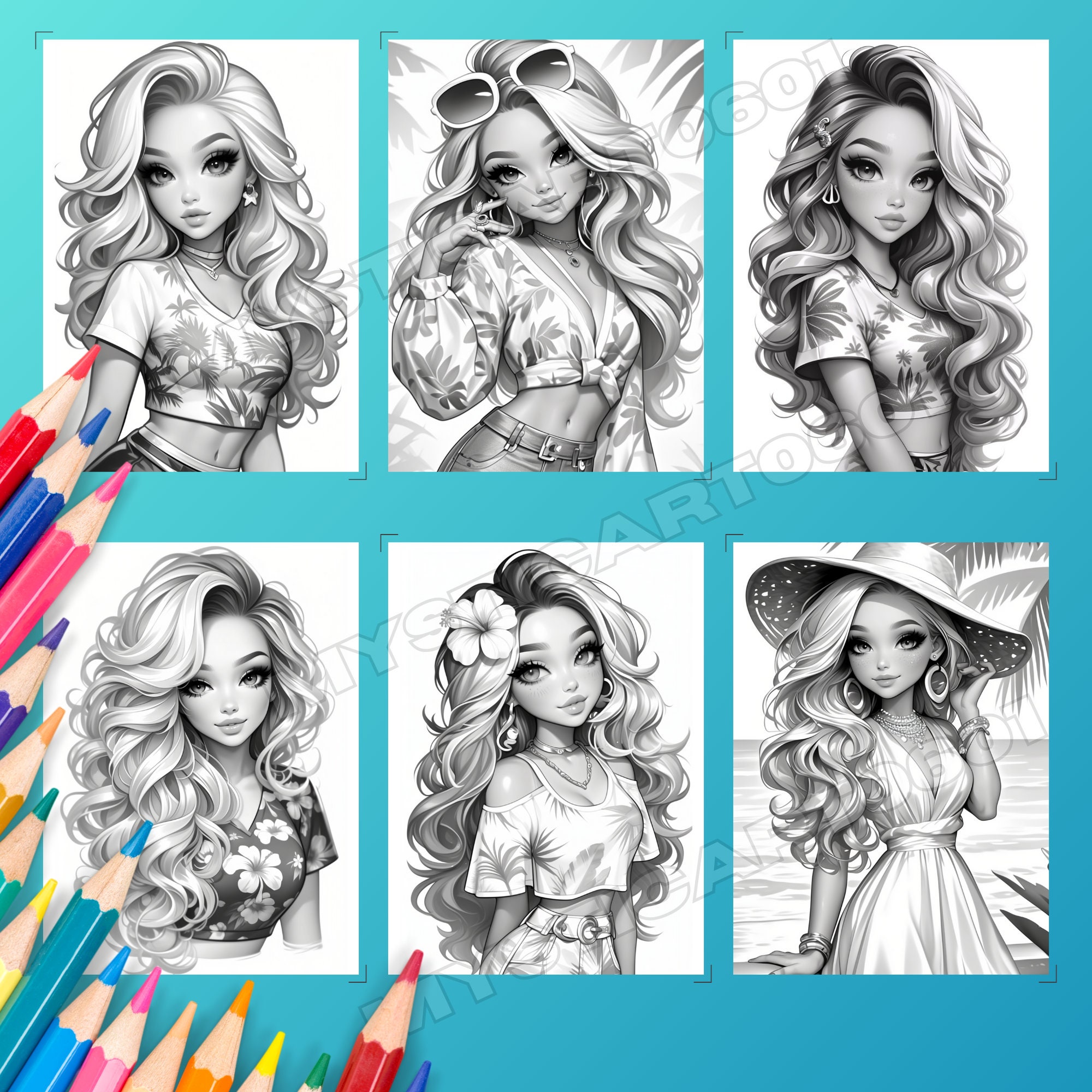 Cute Summer Fashion Girl Coloring Book 30 Page Grayscale Coloring Book ...