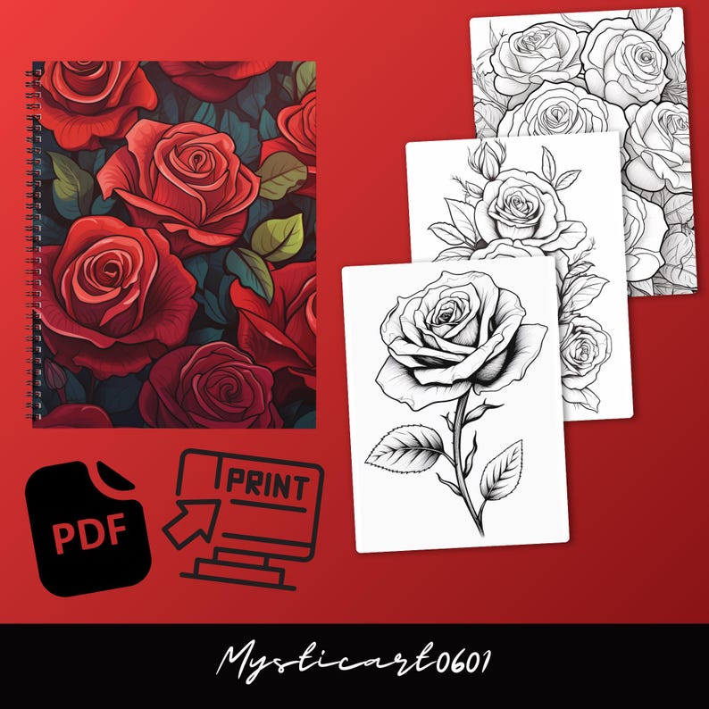 Roses Coloring Book for Adults and Teens, 30 Grayscale Floral Coloring ...