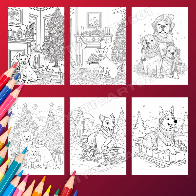 Christmas Puppies Coloring Book for Adults and Teens, 30 Grayscale ...