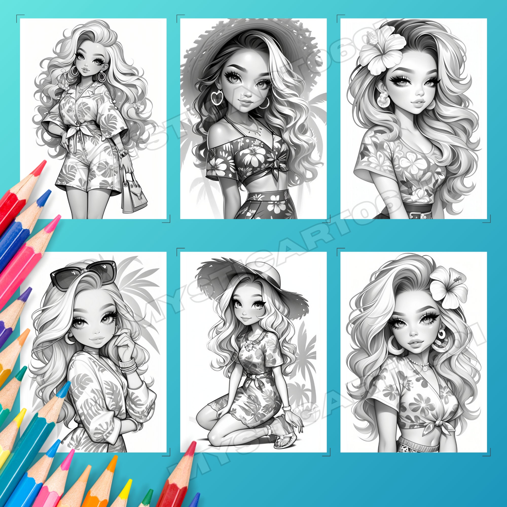 Cute Summer Fashion Girl Coloring Book 30 Page Grayscale Coloring Book ...