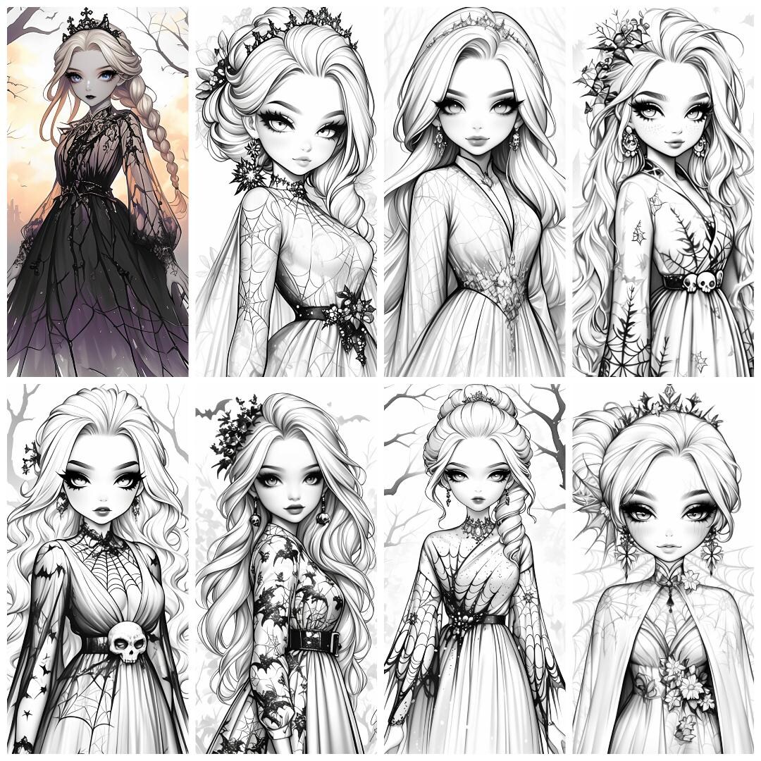 Cute Halloween Princess Coloring Book - 30 Page Grayscale Coloring Book ...
