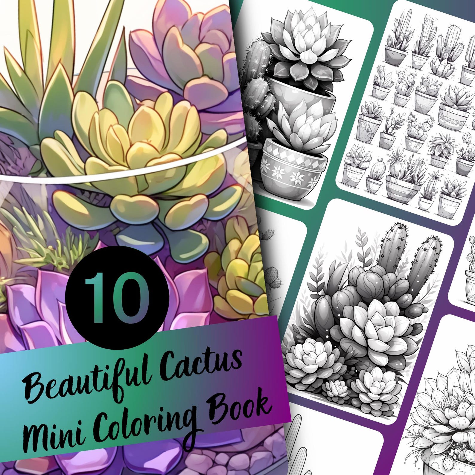 Beautiful Cactus Mini Coloring Book - 10 Page Grayscale Coloring Book ...