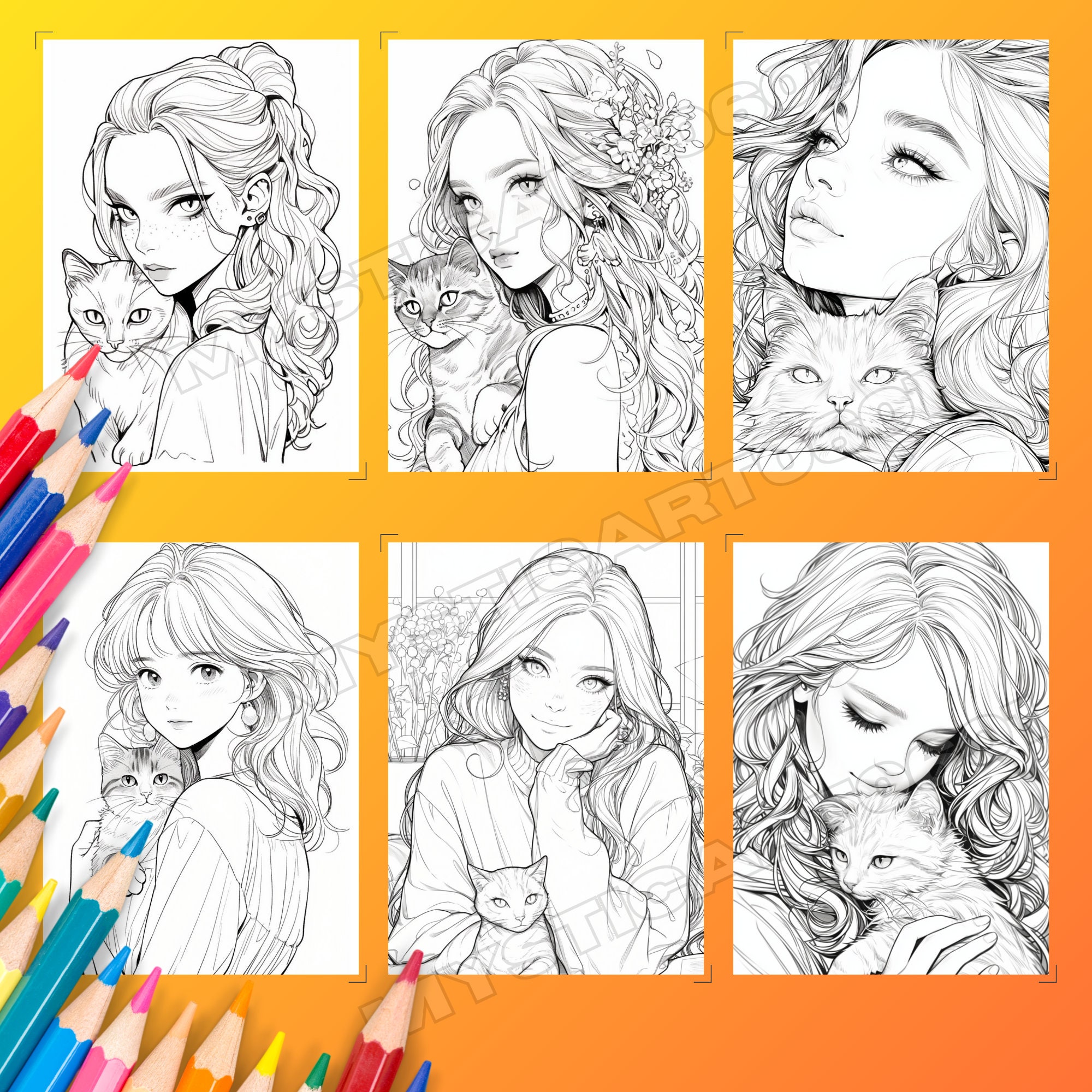 Beautiful Girl and Her Cat Coloring Book, 30 Pages Featuring a ...