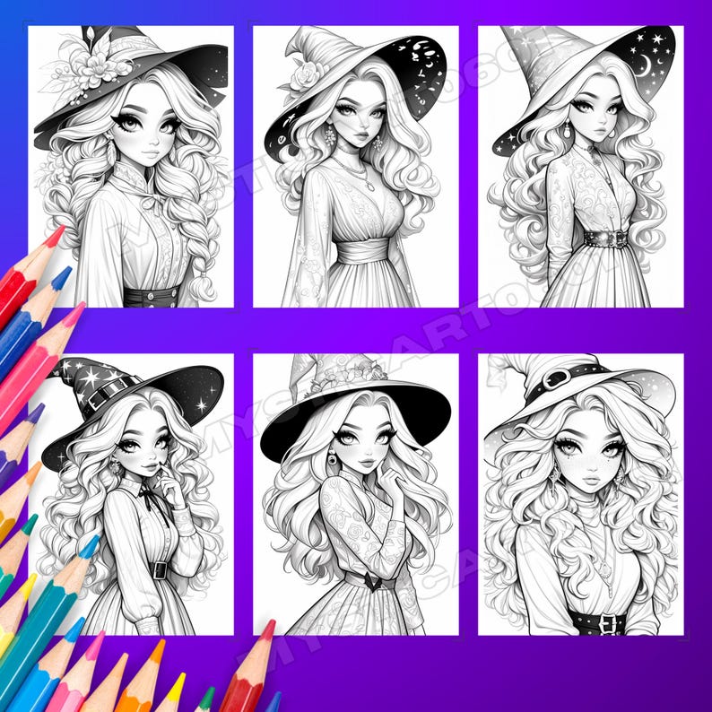 Witch Girl Coloring Book – 30 Grayscale Pages (printable PDF) - Etsy