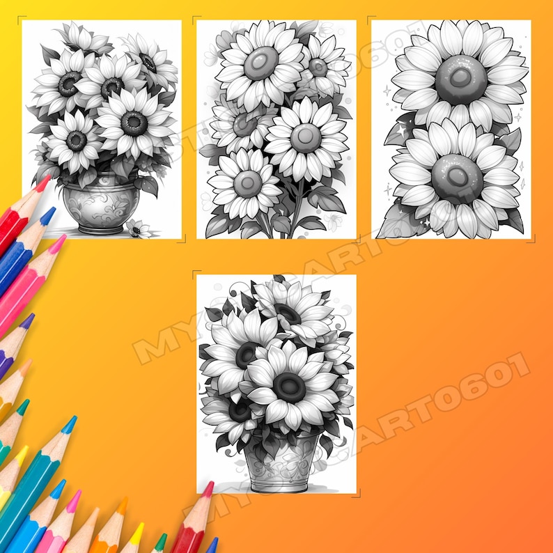 Libro para colorear de girasoles en escala de grises - Miniedición de ...
