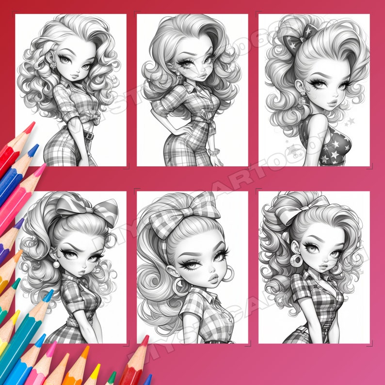 Cute Rockabilly Girl Coloring Book 30 Page Grayscale Coloring Book for ...