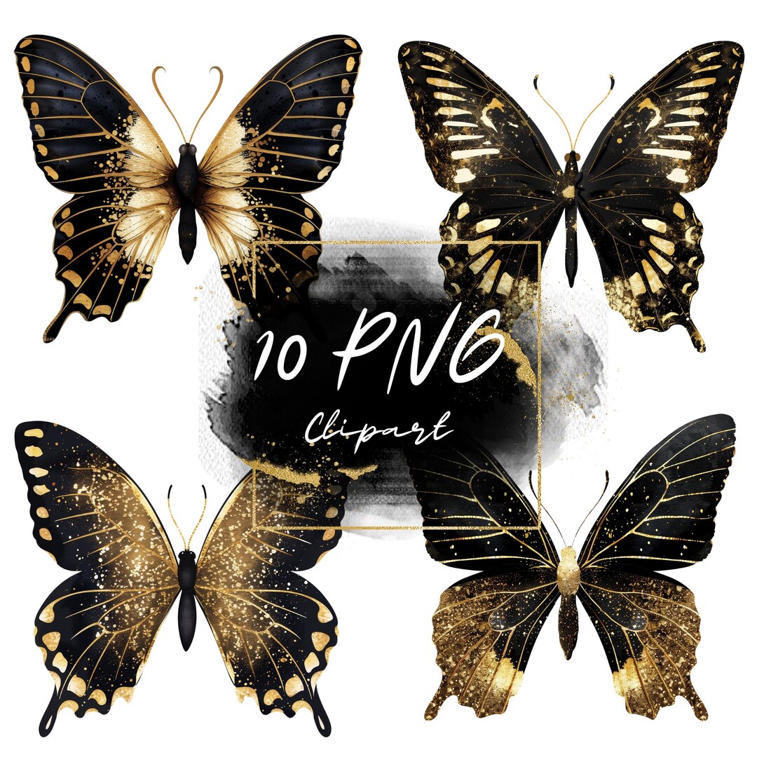 Black Gold Glitter Butterflies Clipart – 10 PNG Butterfly Clipart ...