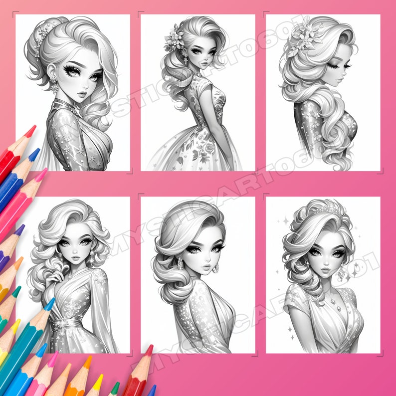 Evening Dress Coloring Book – 30 Page Grayscale Girls (printable PDF ...