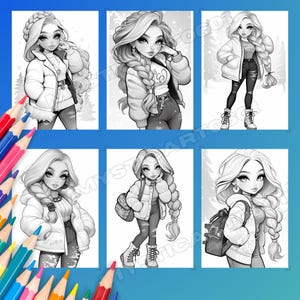 Cute Puffer Jacket Fashion Girl Coloring Book 30 Page Grayscale ...