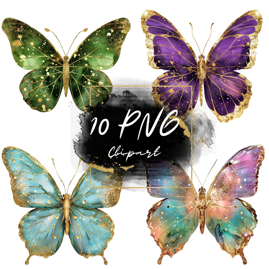 Gold Glitter Butterflies Clipart - 10 PNG Gold Glitter Butterfly ...