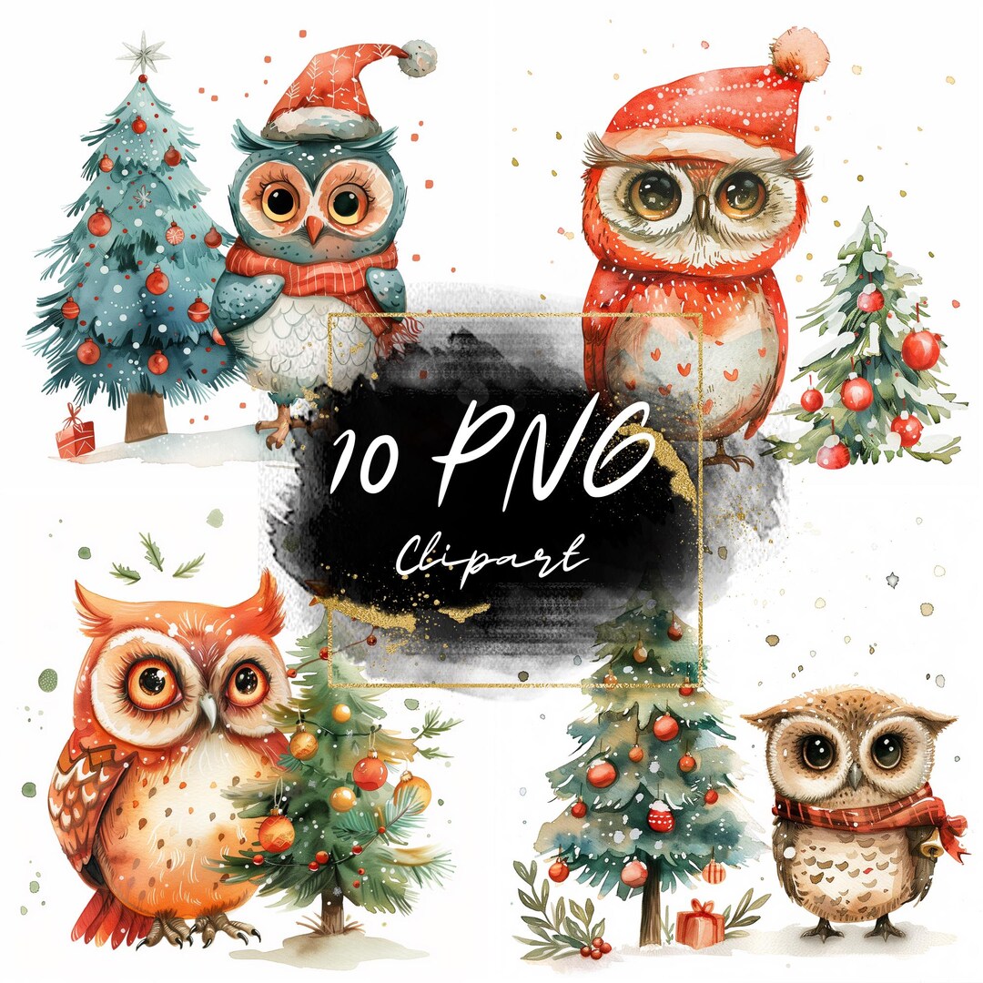Watercolor Christmas Owl Clipart,cute Owl With Christmas Tree,holiday ...