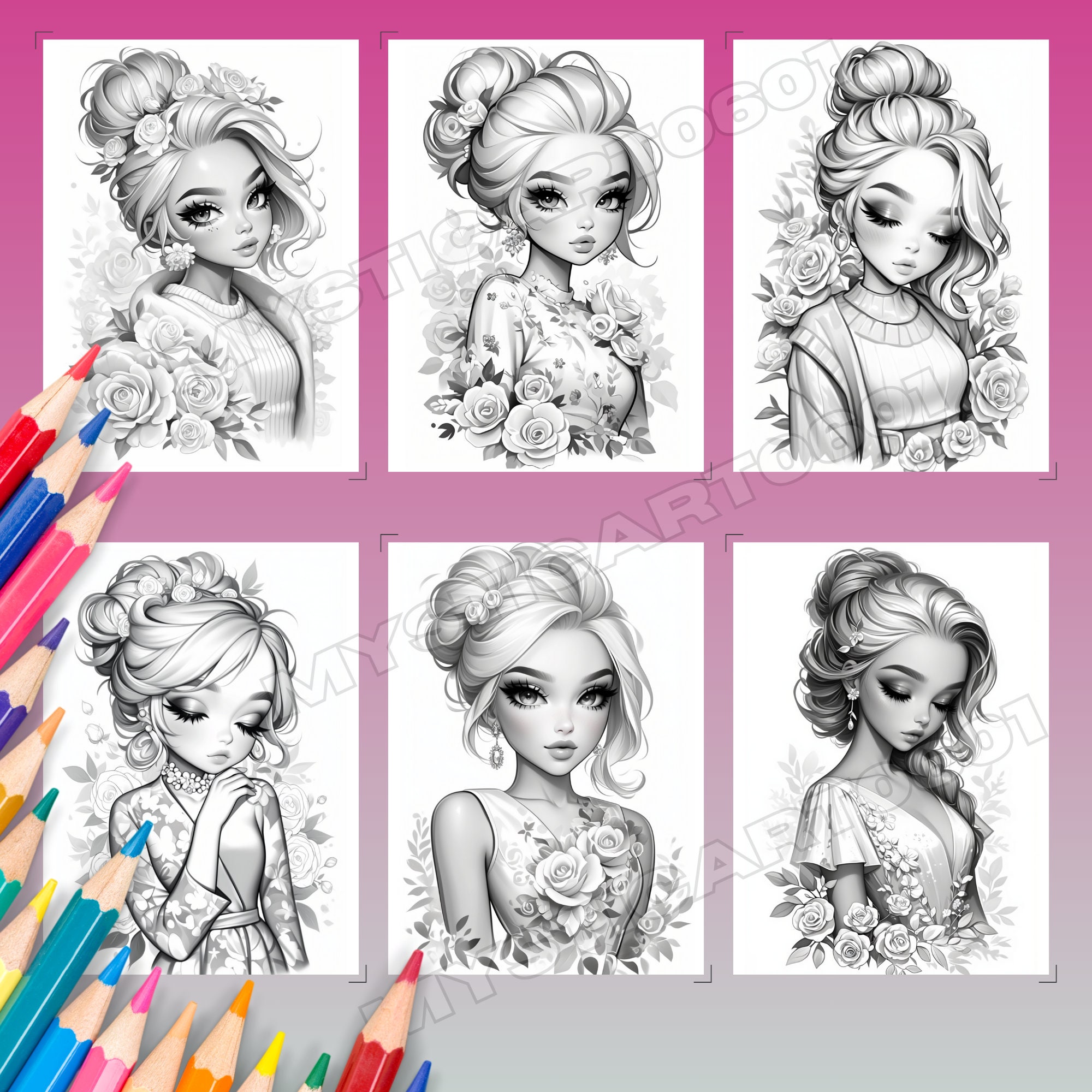Cute Rose Girl Part 2. Coloring Book, 30 Pages of a Cute Girl Among ...