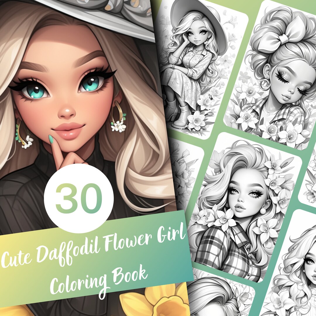 Cute Daffodil Flower Girl Coloring Book 30 Page Grayscale Coloring