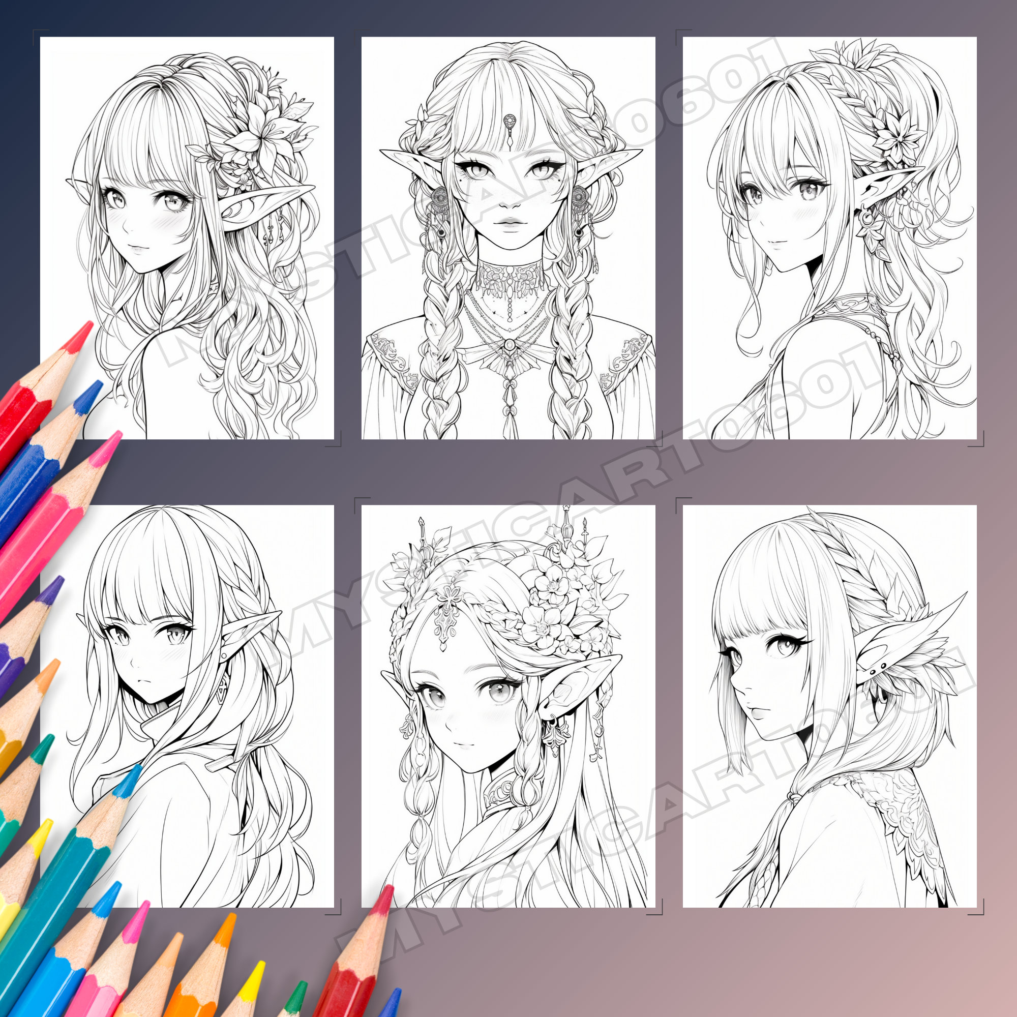 Beautiful Anime Elf Girl Portraits Coloring Book Part 2, 30 Page Anime ...
