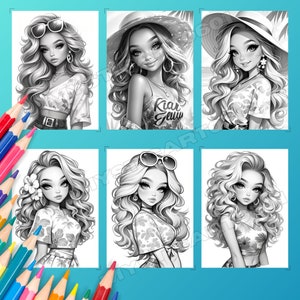 Cute Summer Fashion Girl Coloring Book 30 Page Grayscale Coloring Book ...